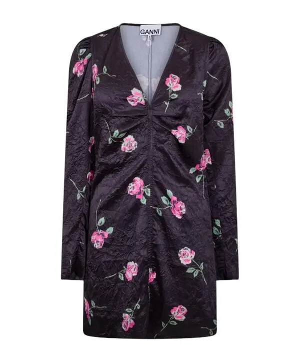 GANNI Floral V-neck Long Sleeve Mini Dress