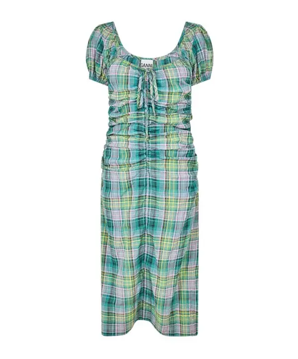 GANNI Plaid Ruched Midi Dress