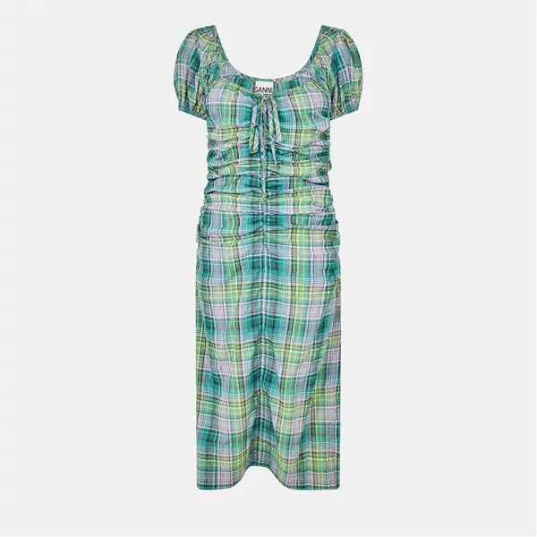 GANNI Plaid Ruched Midi Dress