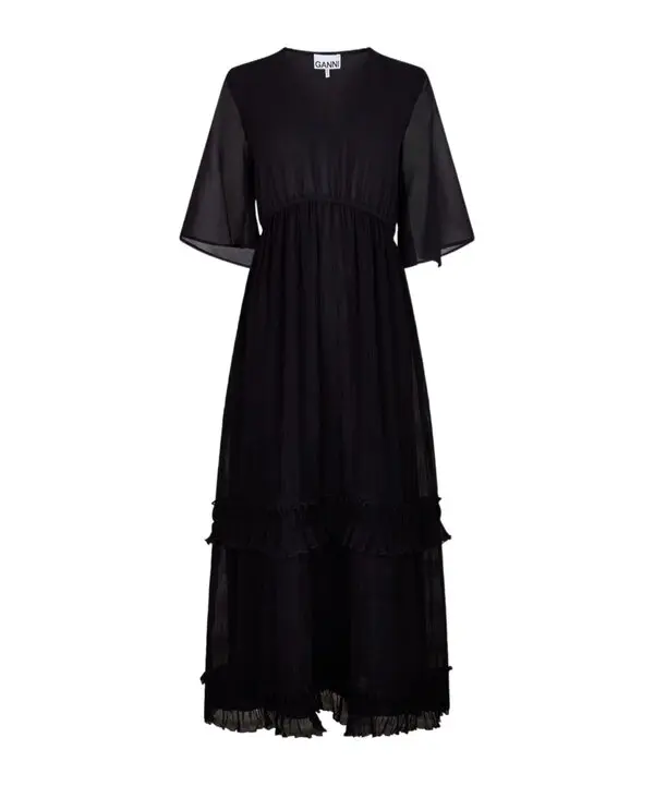 GANNI Ruffled Short Sleeve Maxi Dress - Black