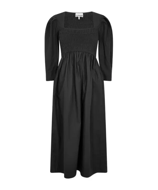 GANNI Pleated Square Neck Long Sleeve Dress - Black