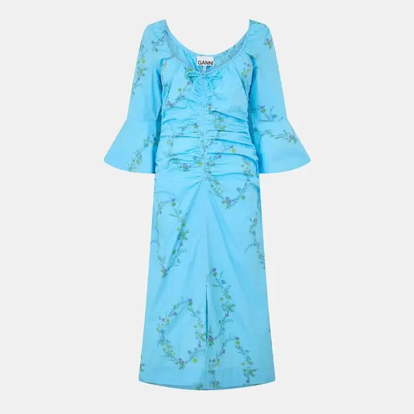 GANNI Floral Print Ruched Midi Dress