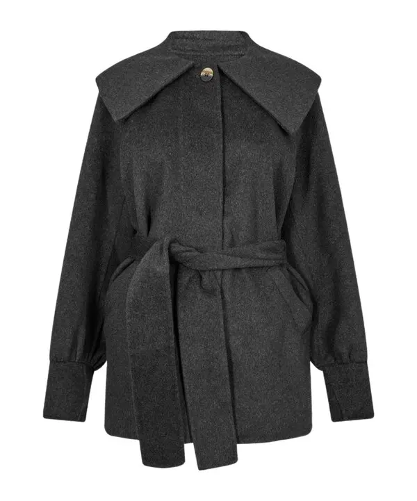 GANNI Belted Wool Coat - Black