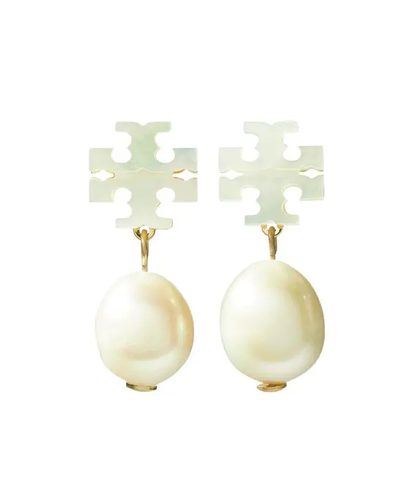 Tory Burch Pearl Drop Cross Stud Earrings - White