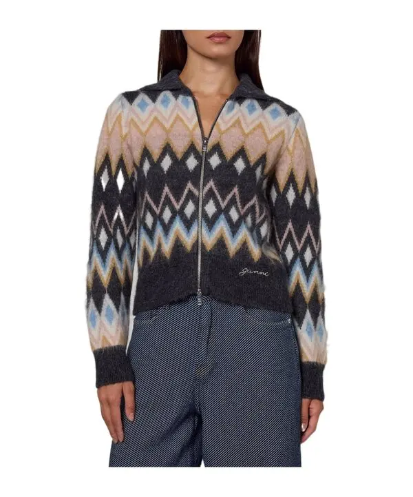 GANNI Zip-up Knit Jacket With Fair Isle Pattern - Black