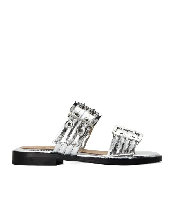 GANNI Buckled Open Toe Slides - Black