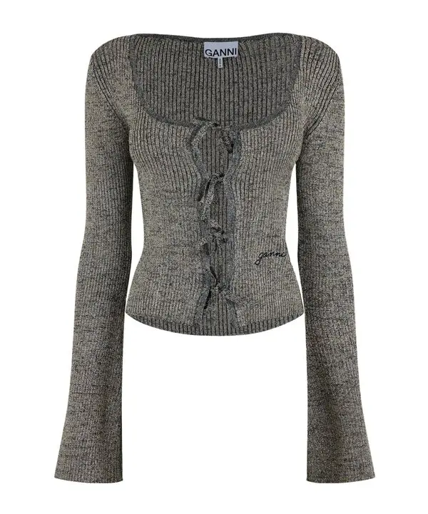 GANNI Long-sleeve Ribbed Knit Top With Square Neckline And Lace-up Detail