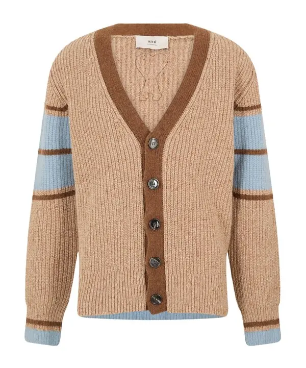 AMI Paris Knitted Cardigan With Striped Sleeves