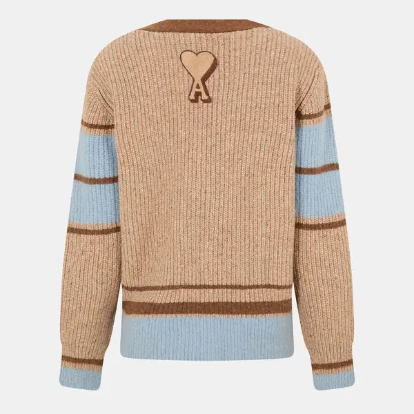 AMI Paris Knitted Cardigan With Striped Sleeves