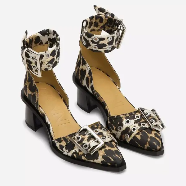 GANNI Leopard Print Buckled Block Heel Court Shoes - Black