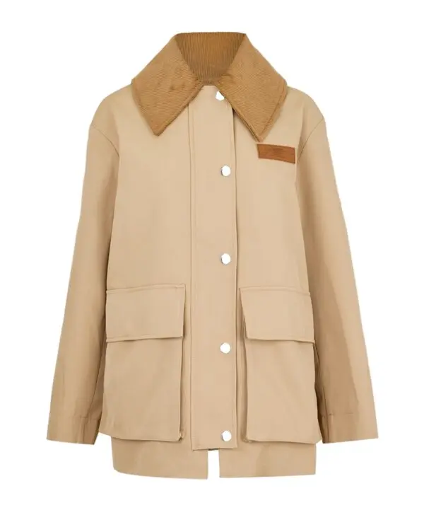 GANNI Camel Twill Midi Jacket With Contrasting Collar