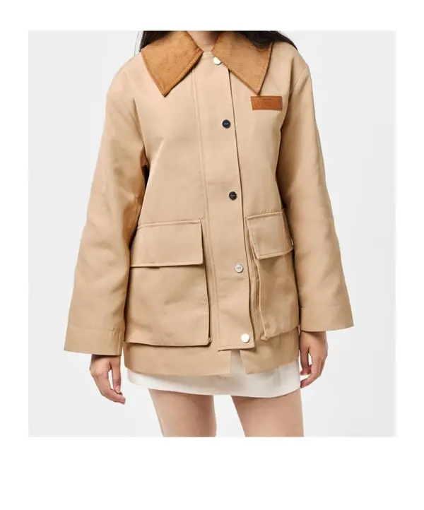 GANNI Camel Twill Midi Jacket With Contrasting Collar