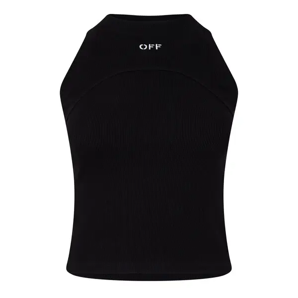 Off-White Cropped Ribbed Mock Neck Halter Tank Top - Black