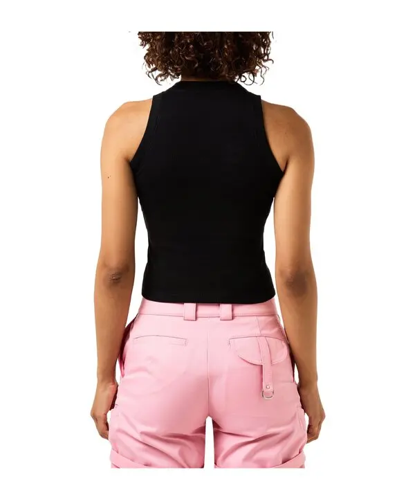 Off-White Cropped Ribbed Mock Neck Halter Tank Top - Black