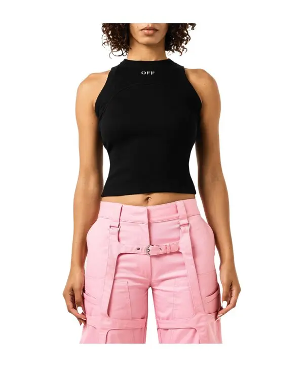 Off-White Cropped Ribbed Mock Neck Halter Tank Top - Black
