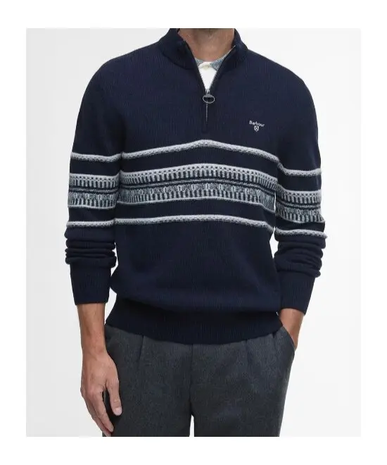 Barbour Long-sleeved Zip-up Sweater With Patterned Trim - Navy