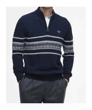 Barbour Long-sleeved Zip-up Sweater With Patterned Trim - Navy