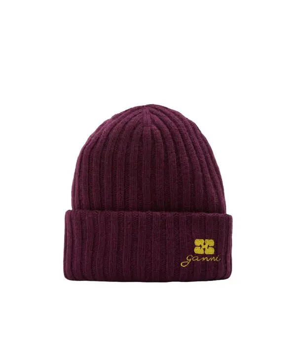 GANNI Ribbed Beanie With Embroidered Logo