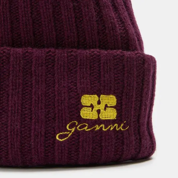 GANNI Ribbed Beanie With Embroidered Logo