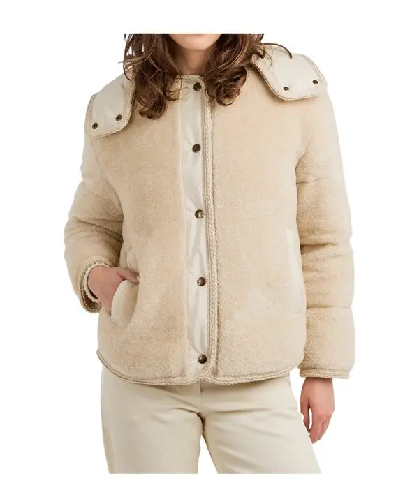 Moncler Fleece Puffer Jacket With Detachable Hood And Contrast Trim