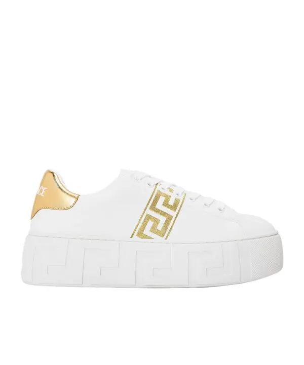 Versace Leather Platform Sneakers With Gold Greek Key Detail