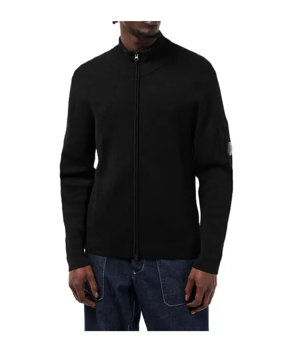 C.P. COMPANY Zip-up Textured Knit Jacket With Logo Patch