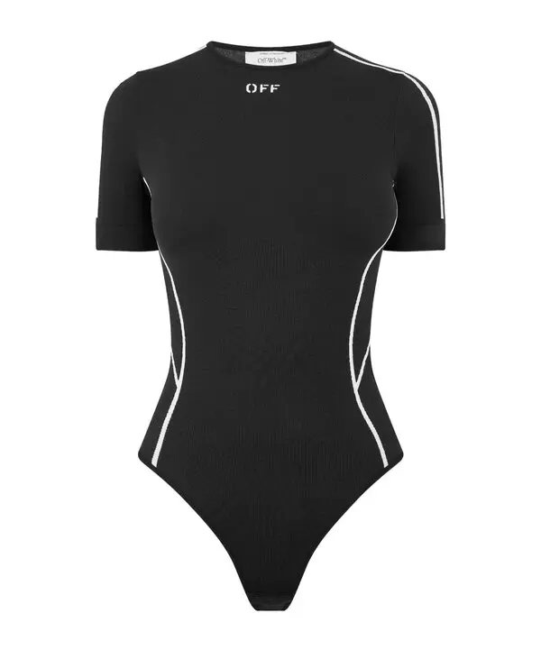 Off-White Ribbed Seamless Bodysuit With Contrast Piping - Black