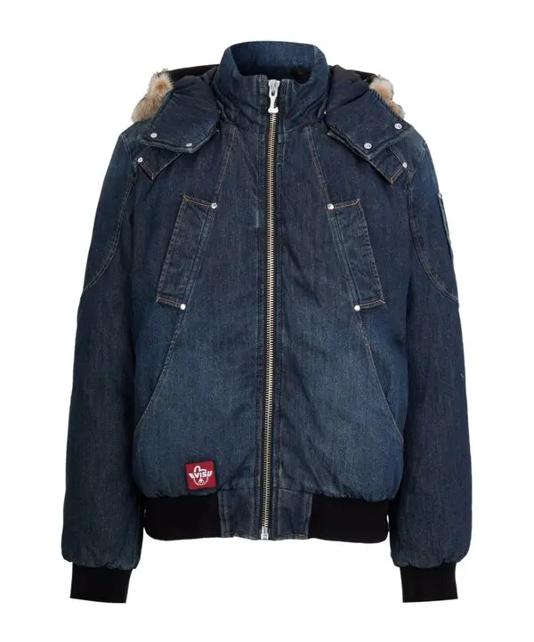 Moose Knuckles Quilted Denim Jacket With Fur-trimmed Hood