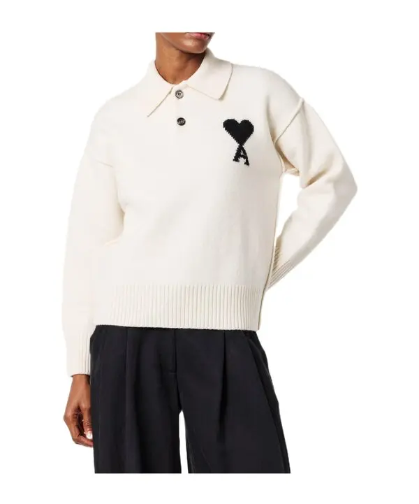 AMI Paris Off- Knit Polo Sweater With Heart Logo