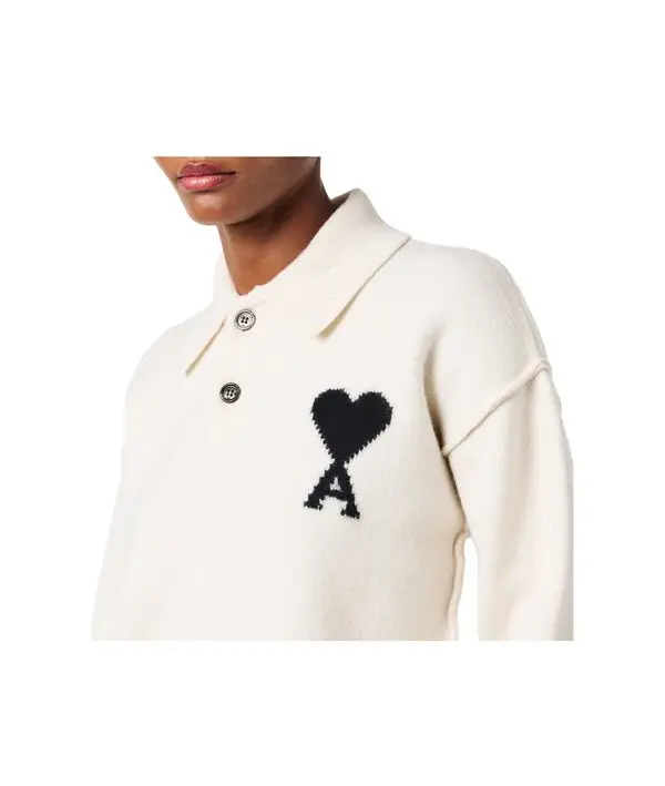 AMI Paris Off- Knit Polo Sweater With Heart Logo