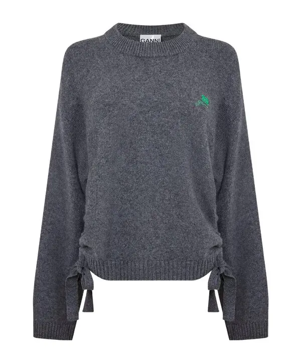 GANNI Crewneck Knit Sweater With Side Tie Details - Gray