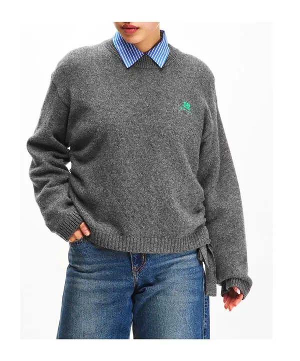 GANNI Crewneck Knit Sweater With Side Tie Details - Gray