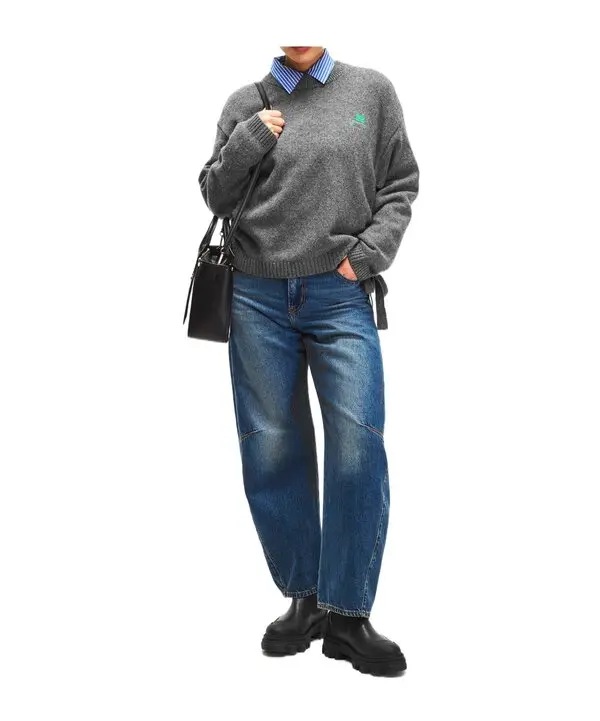 GANNI Crewneck Knit Sweater With Side Tie Details - Gray