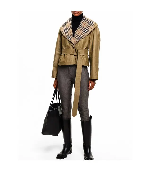 Burberry Khaki Belted Cropped Jacket With Plaid Lapel