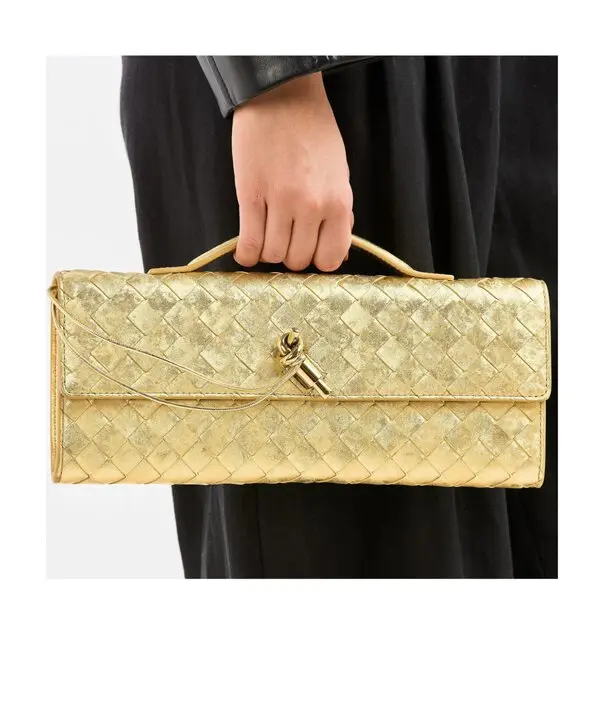 Bottega Veneta Metallic Gold Woven Leather Clutch