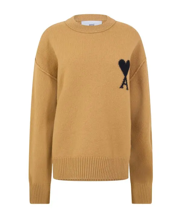 AMI Paris Crew Neck Knit Sweater With Embroidered Heart Applique