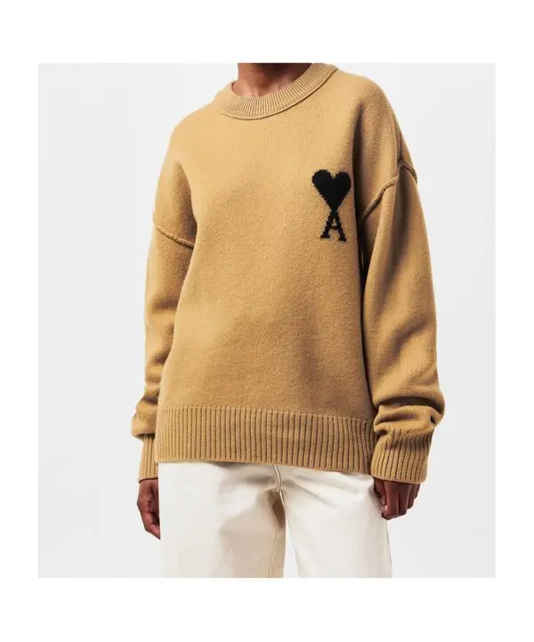 AMI Paris Crew Neck Knit Sweater With Embroidered Heart Applique