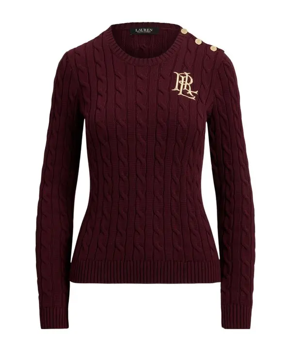 Ralph Lauren Burgundy Cable-knit Crewneck Sweater With Gold Monogram And Button Detail