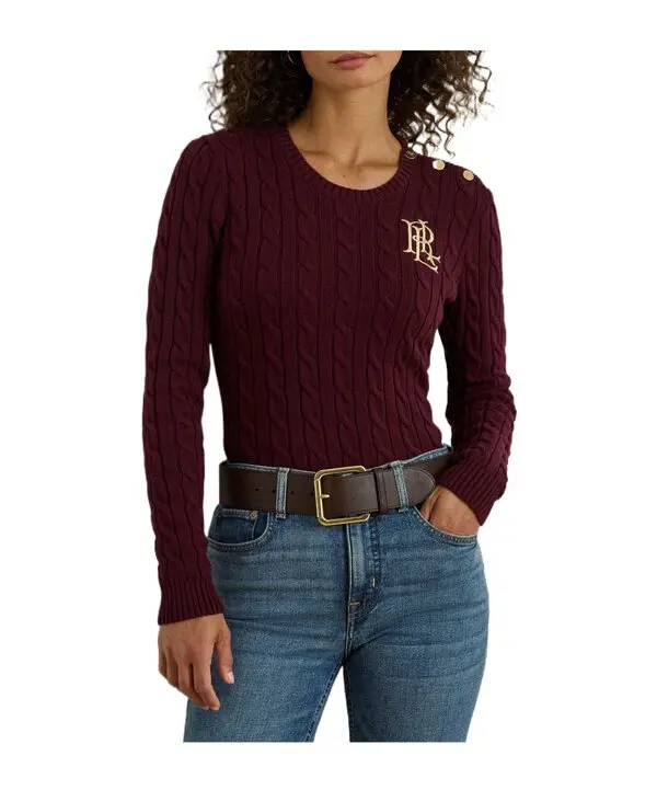 Ralph Lauren Burgundy Cable-knit Crewneck Sweater With Gold Monogram And Button Detail