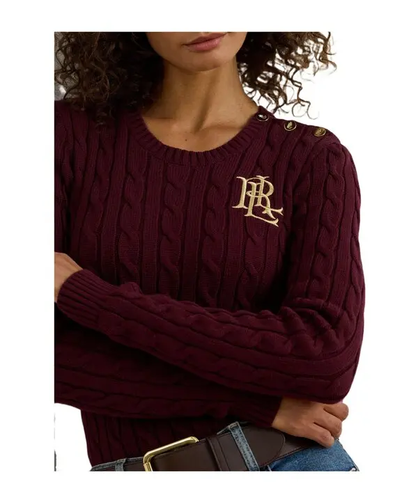 Ralph Lauren Burgundy Cable-knit Crewneck Sweater With Gold Monogram And Button Detail
