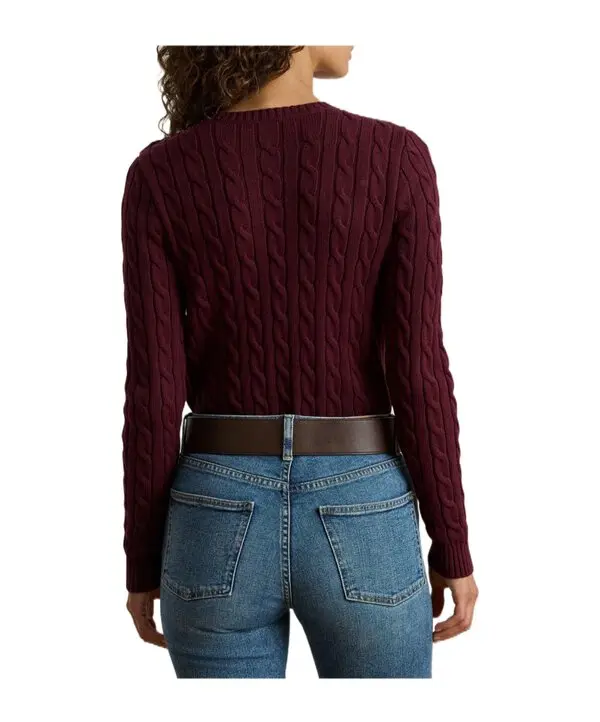 Ralph Lauren Burgundy Cable-knit Crewneck Sweater With Gold Monogram And Button Detail