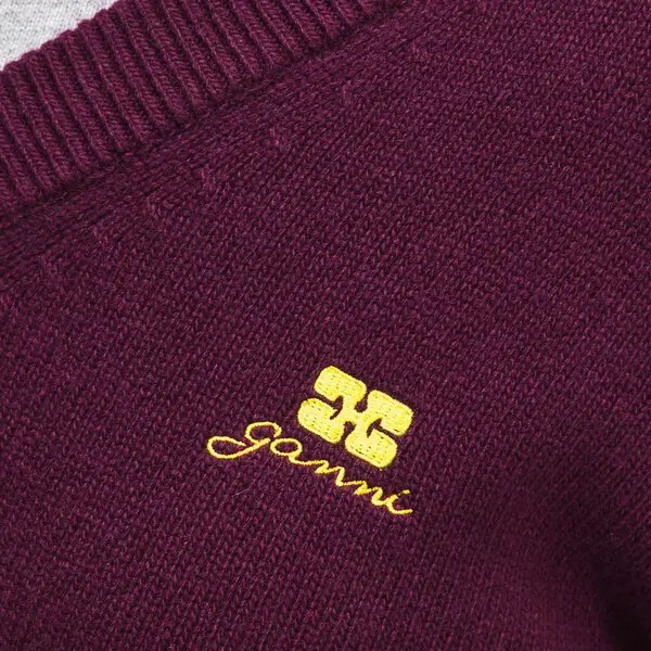 GANNI V-neck Knit Sweater With Embroidered Logo