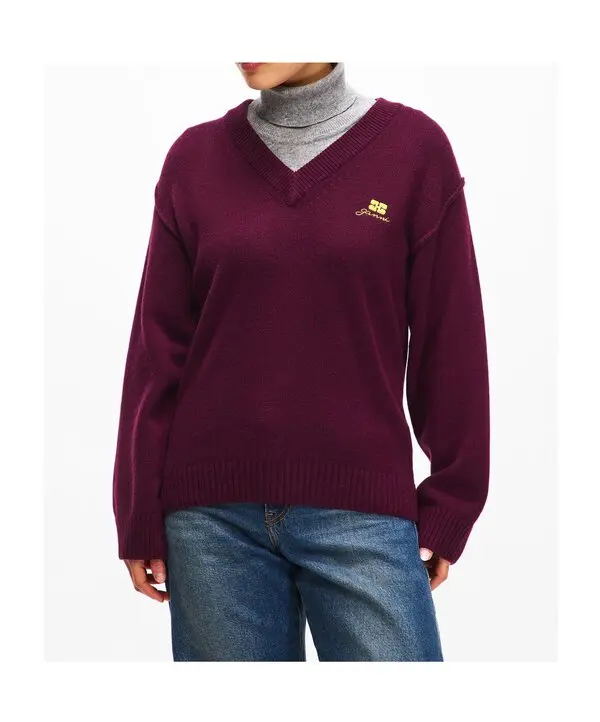 GANNI V-neck Knit Sweater With Embroidered Logo