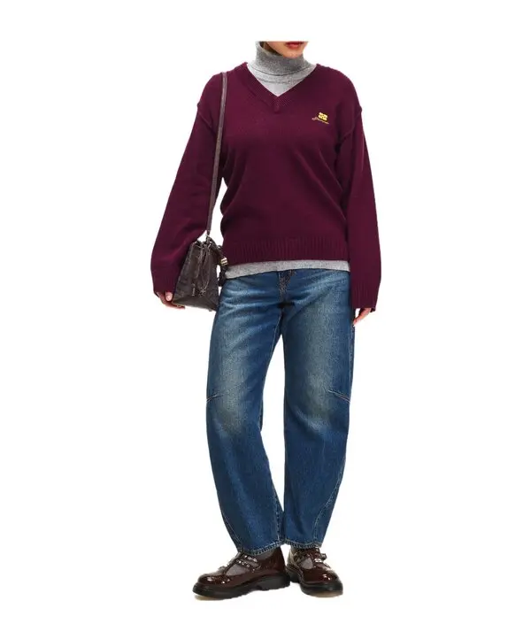 GANNI V-neck Knit Sweater With Embroidered Logo