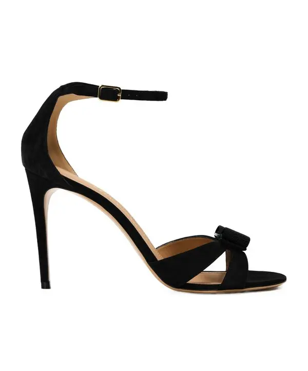 FERRAGAMO Black Suede Bow Detail Stiletto Sandals - Multicolor