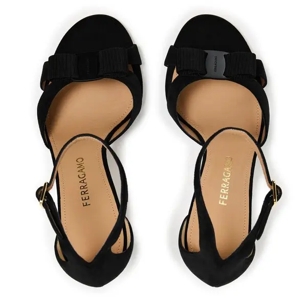 FERRAGAMO Black Suede Bow Detail Stiletto Sandals - Multicolor