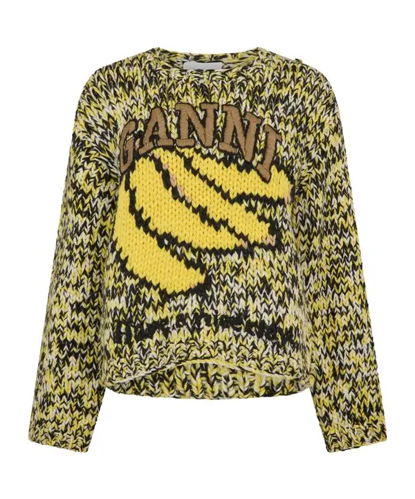 GANNI Marled Knit Crew Neck Sweater With Banana Appliqu - Green