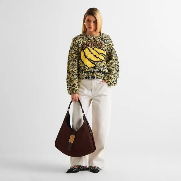 GANNI Marled Knit Crew Neck Sweater With Banana Appliqu - Green