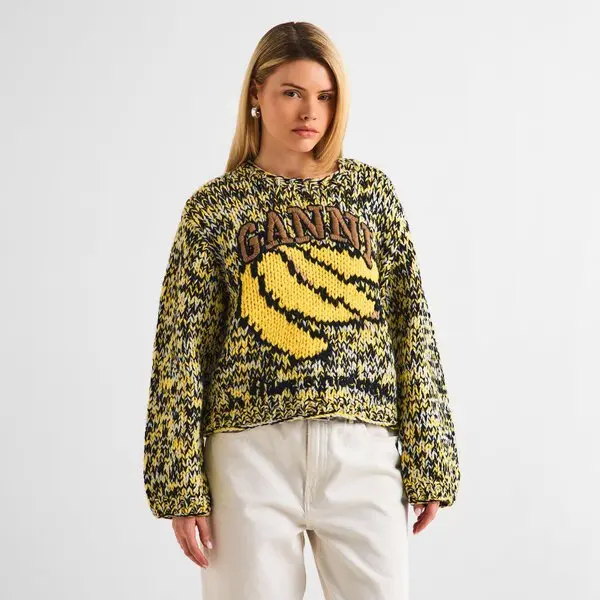 GANNI Marled Knit Crew Neck Sweater With Banana Appliqu - Green