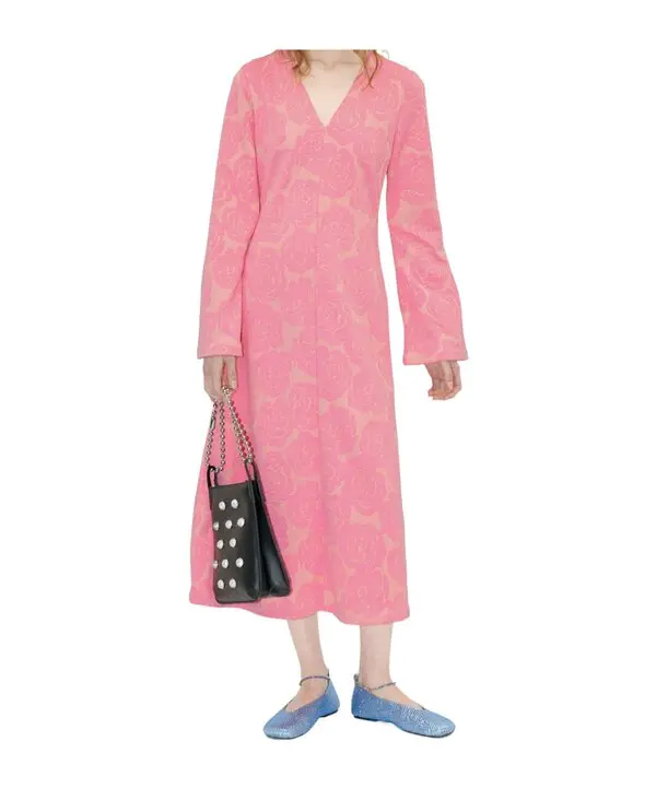 Stine Goya Long Sleeve V-neck Midi Dress With Embossed Rose Pattern